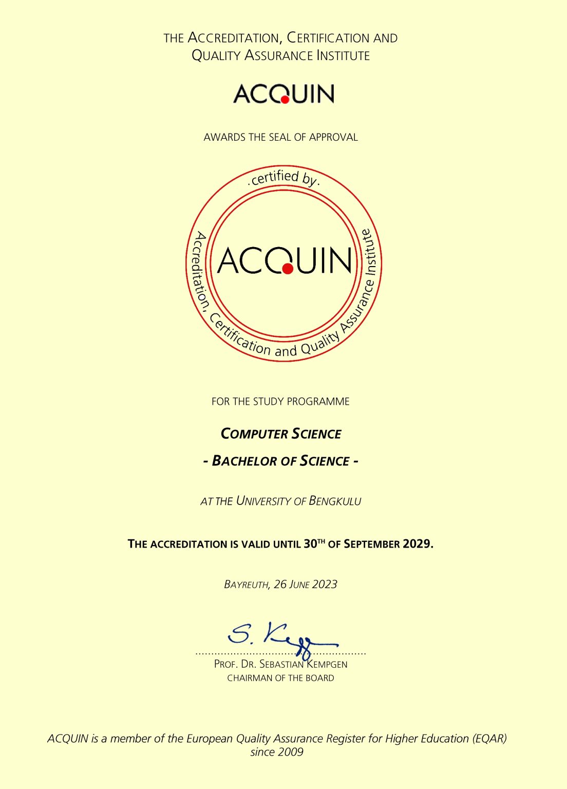 69 Prodi di UNIB Terakreditasi Internasional ACQUIN | UNIVERSITAS BENGKULU