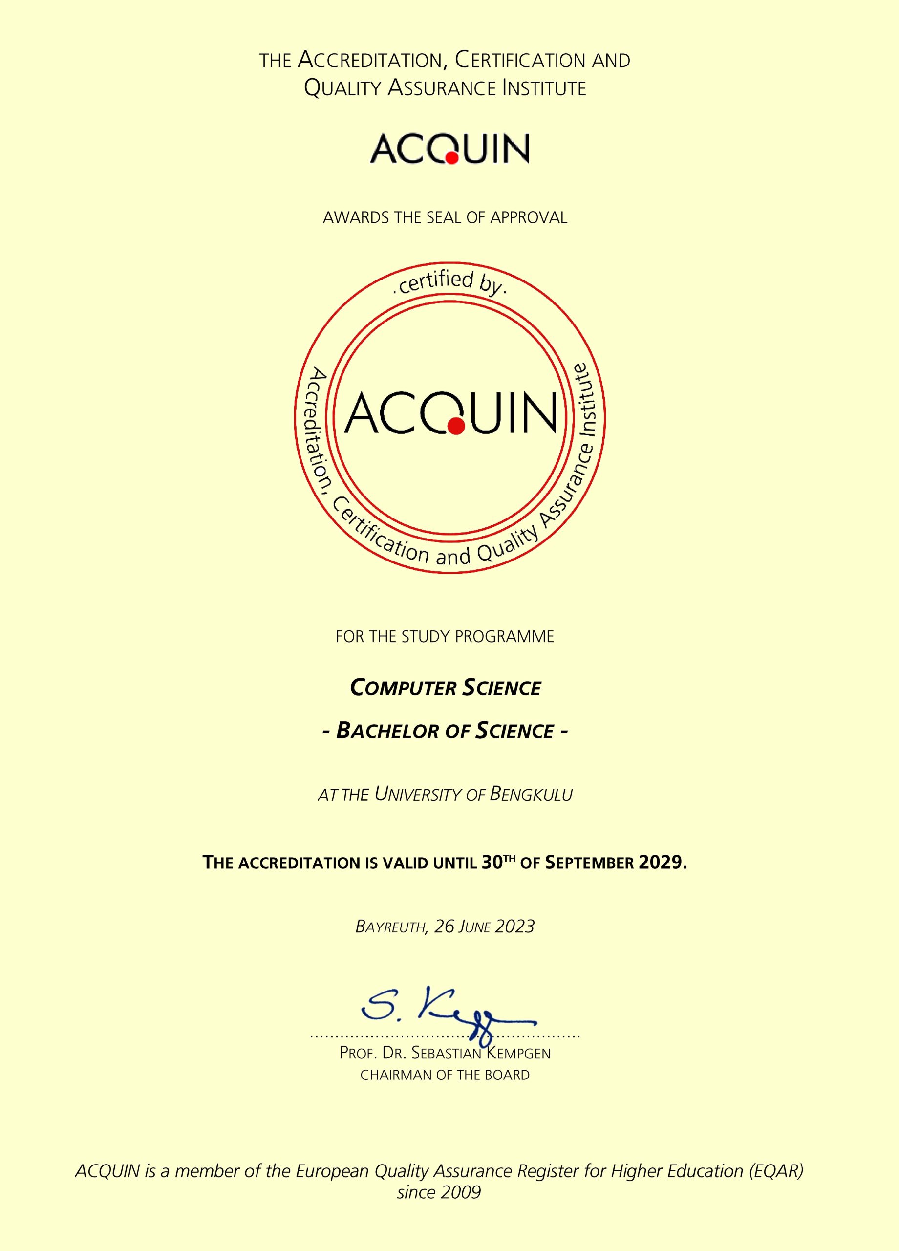 69 Prodi di UNIB Terakreditasi Internasional ACQUIN | UNIVERSITAS BENGKULU